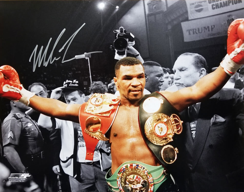 Mike Tyson Signed Boxing Holding Belts Spotlight 16×20 Photo – Schwartz ...