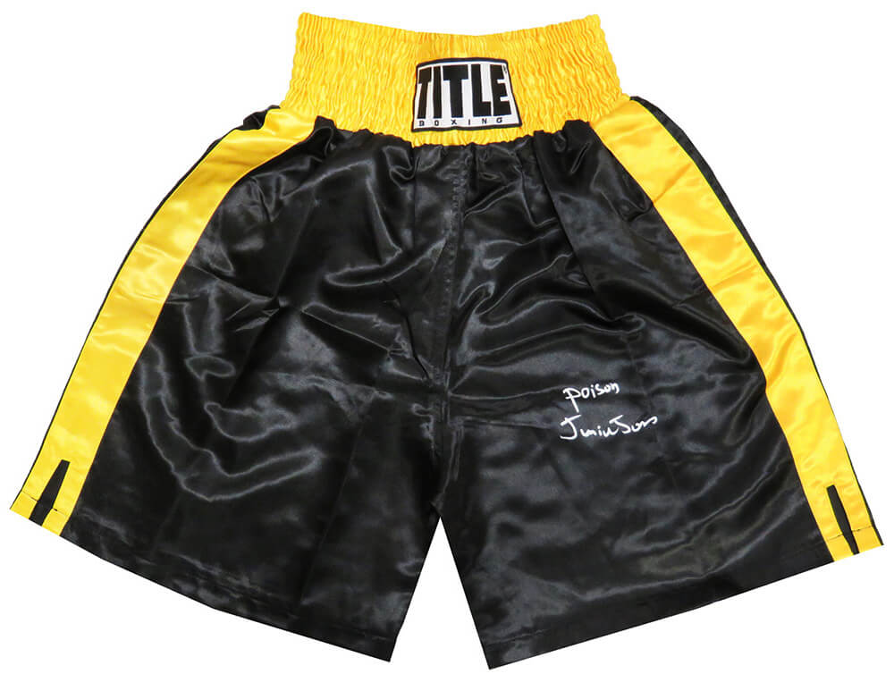 Junior Jones Signed Title Black & Gold Trim Boxing Trunks w/Poison ...
