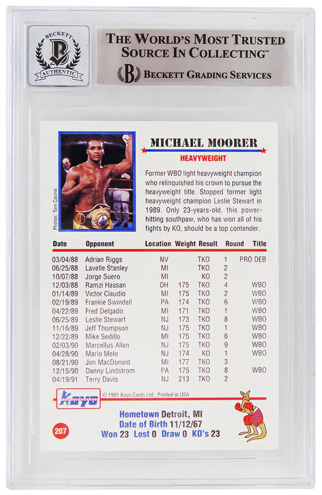 Michael Moorer Signed 1991 Kayo Boxing Trading Card #207 w/3x Champ – (Beckett – Auto Grade 10 ...